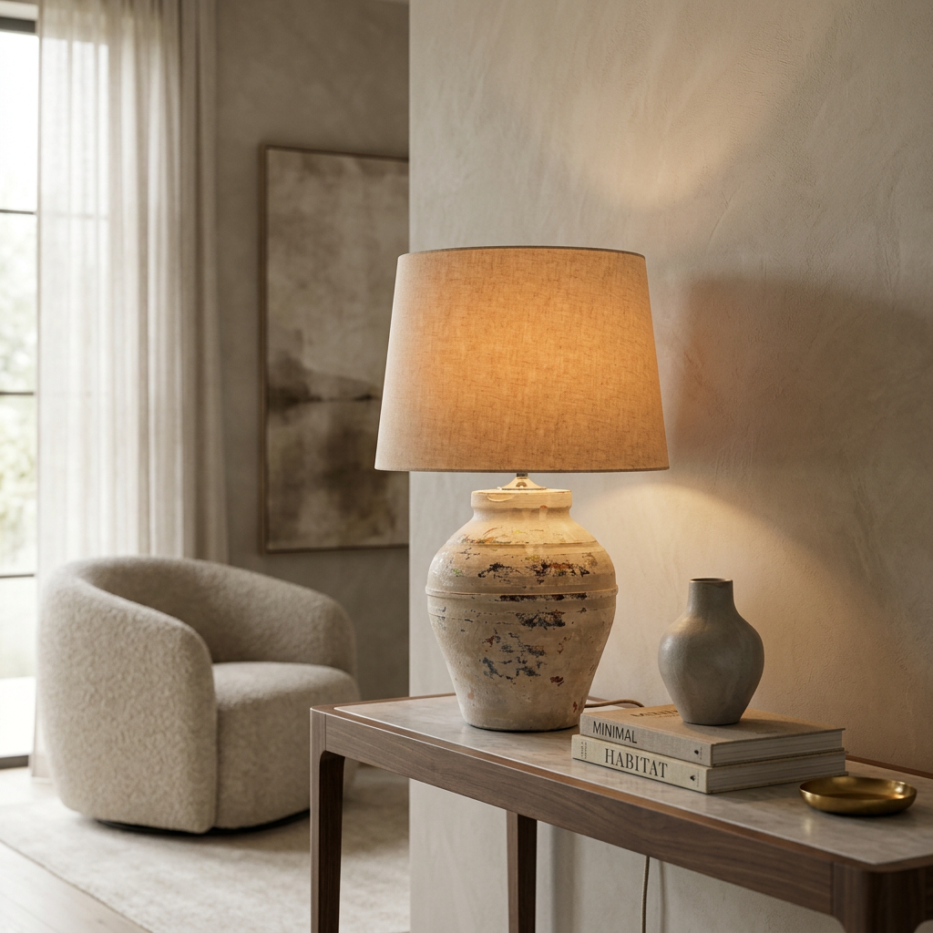 Distressed Natural Lamp Base with Beige Shade